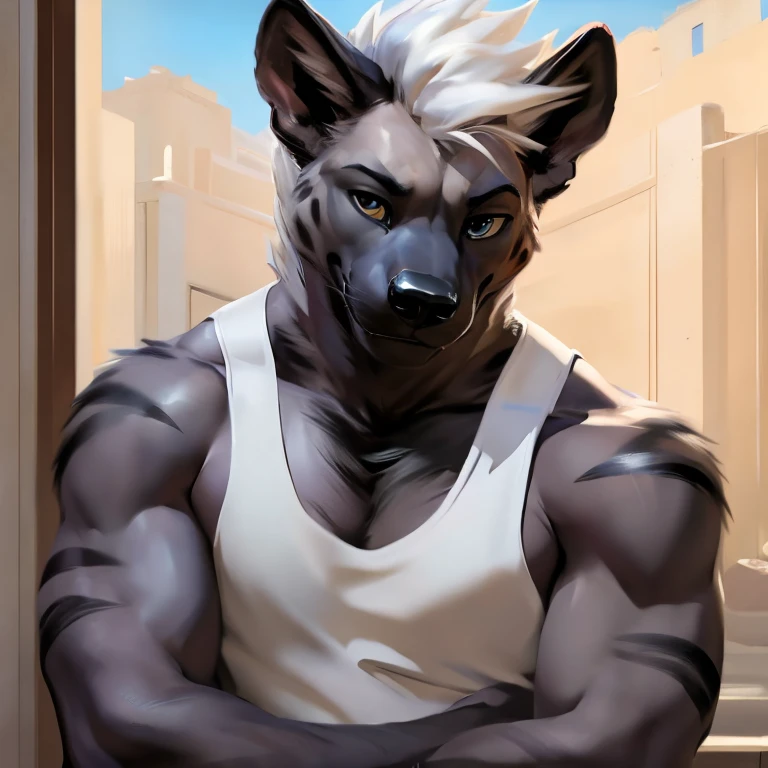 Grey Hyena, anthro, in tank top, white tank top, white shirt - SeaArt AI