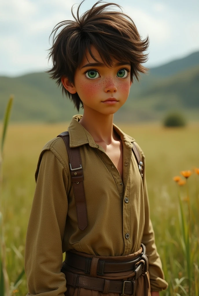 A teenage human male with tousled dark brown hair and striking green ...