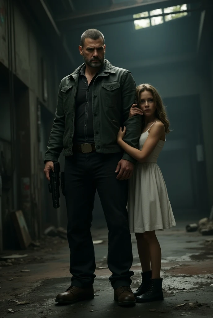 Barry Burton in an abandoned factory with little Natalia dressed in ...