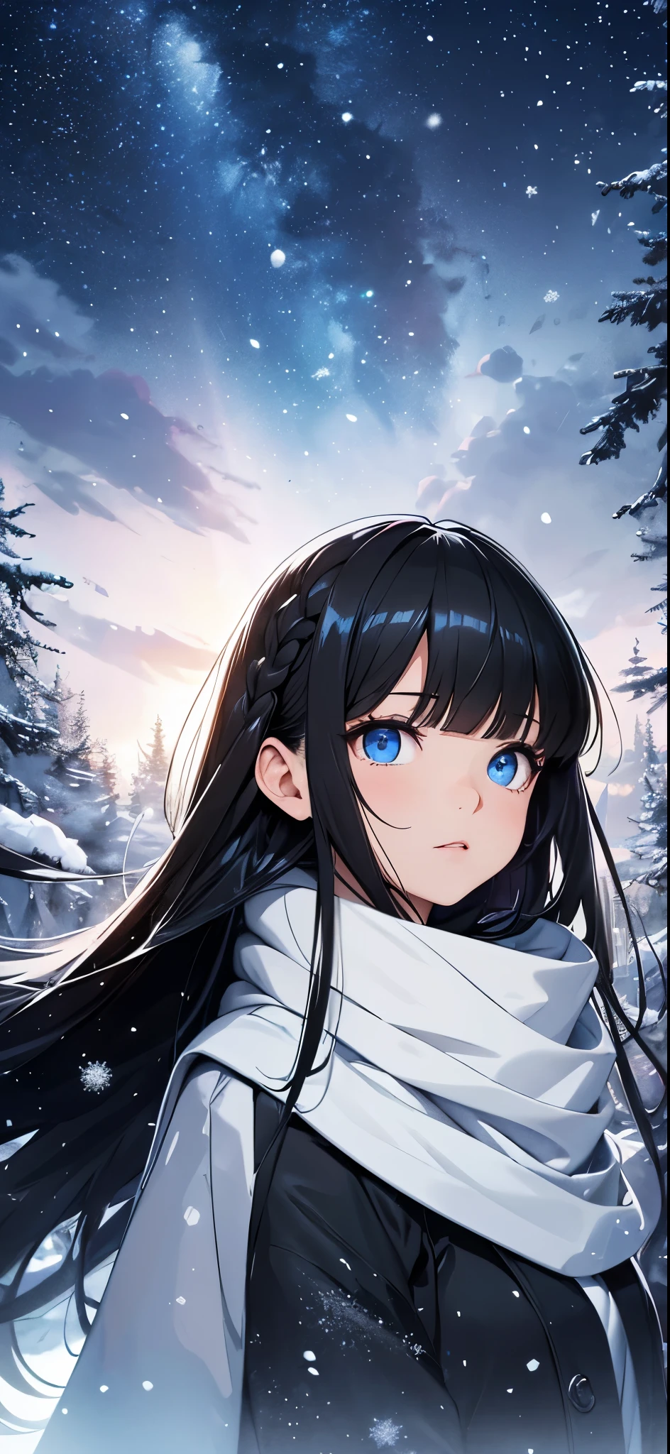 (girl looking up at the sky), (long black hair, trimmed bangs - SeaArt AI