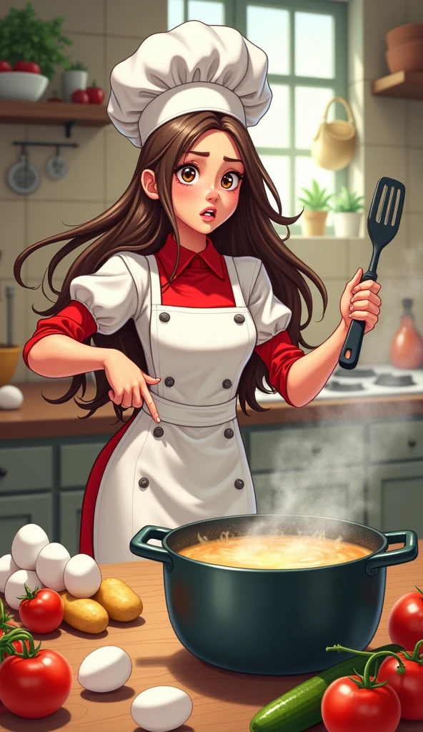 A beautiful cartoon of a beautiful cook ,Brown long hair, wearing a ...