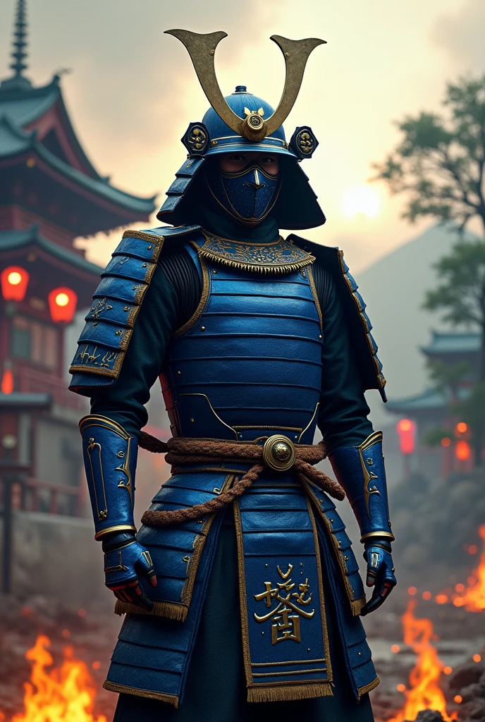 Samurai with mask with blue armor, Japan day background on fire - SeaArt AI