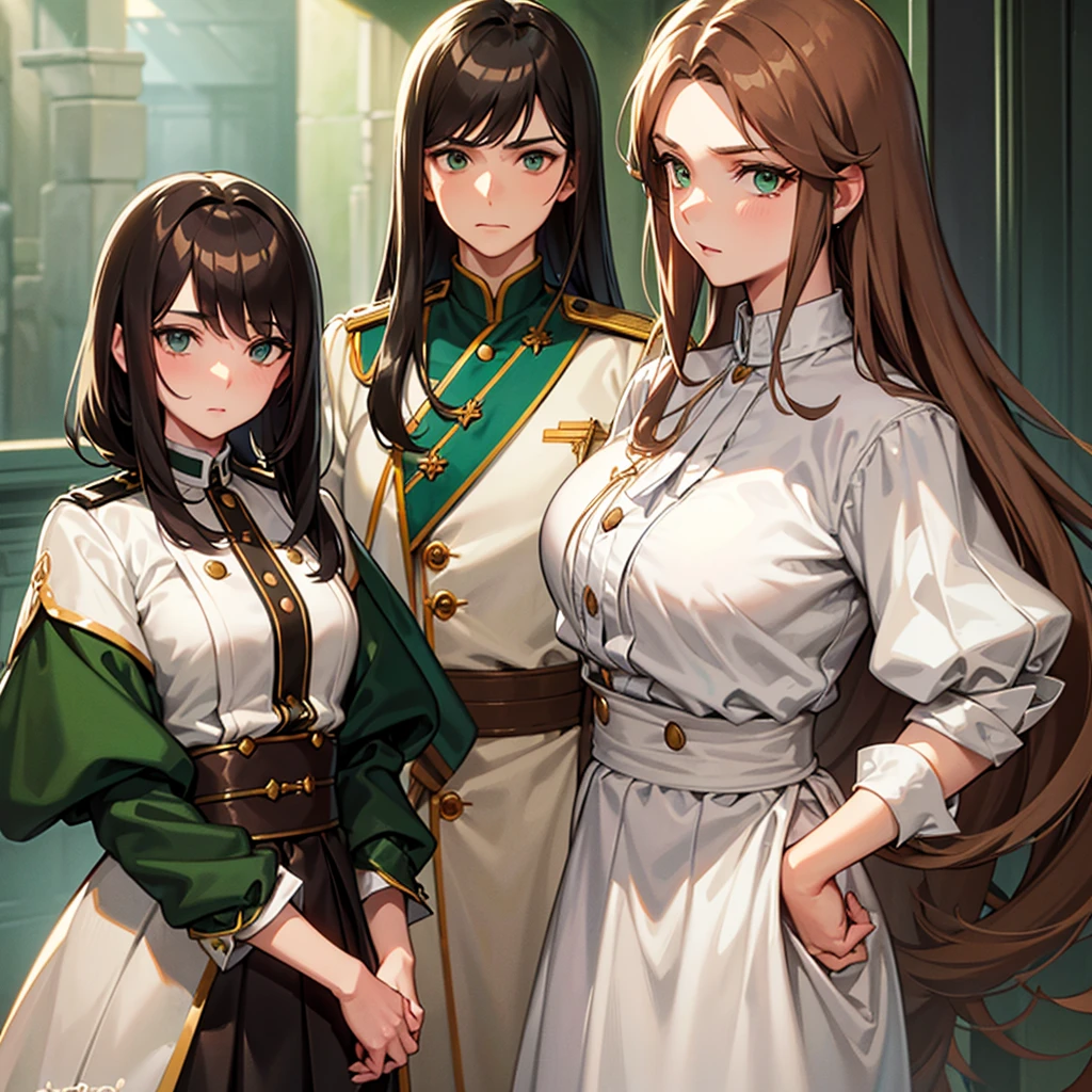 Brown-haired man, Green eyes, sharp face, white and strong complexion ...