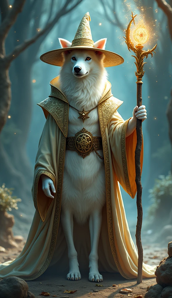 Female white dog in the magical costume of Merlin the Wizard - SeaArt AI