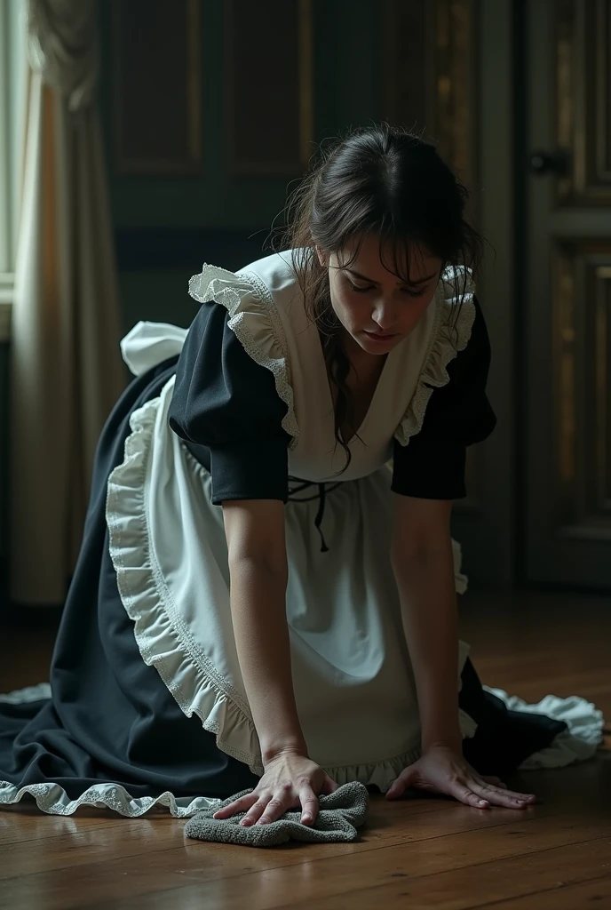 Afraid woman wearing a Victorian maid apron cleaning the floor on her ...