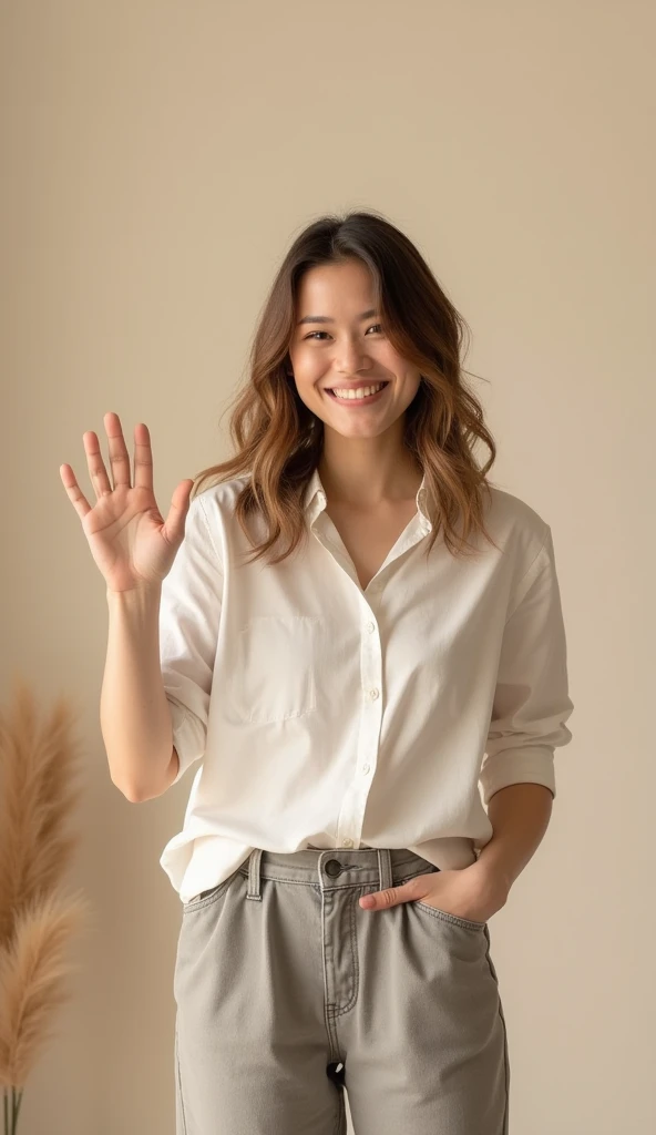 Person waving in a friendly way, with sympathetic expression - SeaArt AI