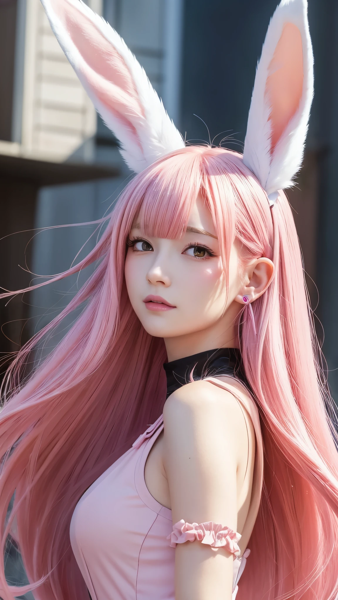 Anime style, a closeup of a cartoon of a woman with ears and rabbit ...