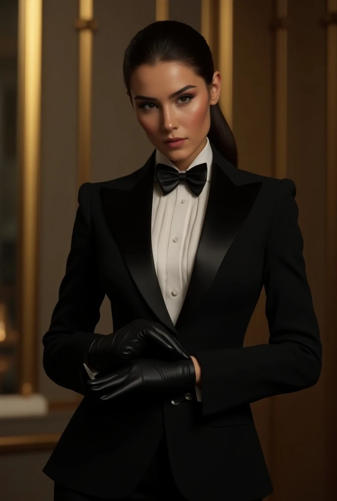 1girl wearing a tuxedo, She puts on her gloves. Butler female - SeaArt AI