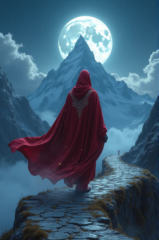 Create a wizard wearing a red vibrant costume walking on a pathway on ...