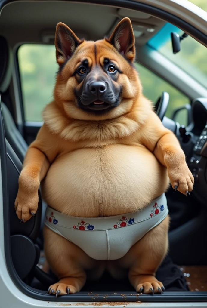 Fat german shepherd wearing underwears while on a car peeing in hsj ...