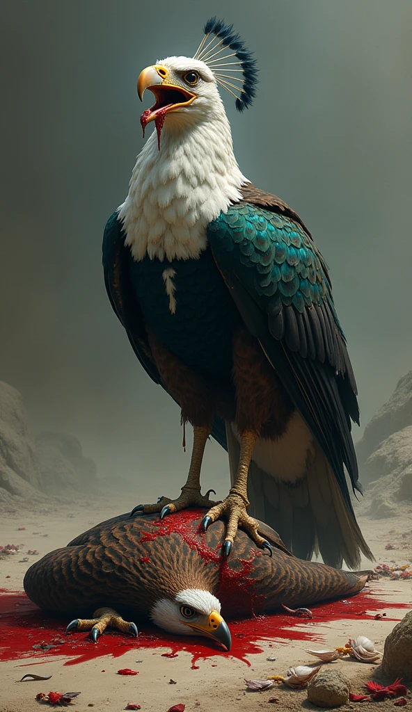 A dead eagle neck blood is lying on the ground, and a bald peacock ...