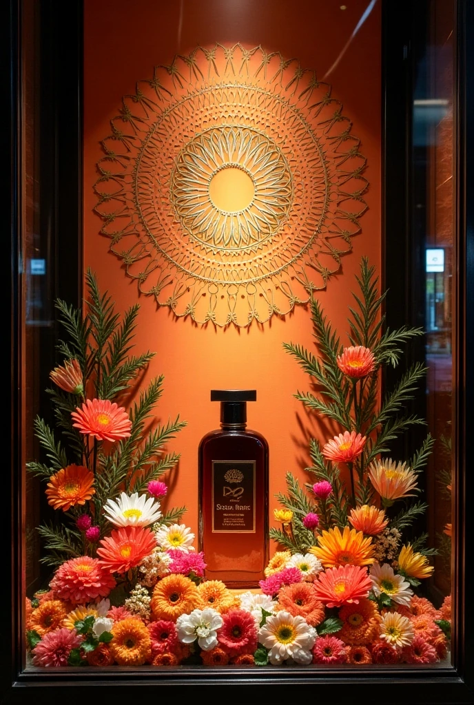 Window display, perfume bottle in the middle, decorated with mandala ...