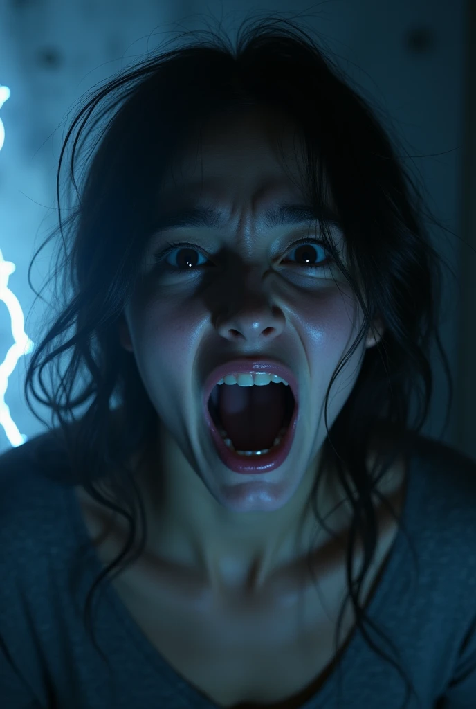 Capture Riya’s startled reaction, about to scream as lightning flashes - SeaArt AI
