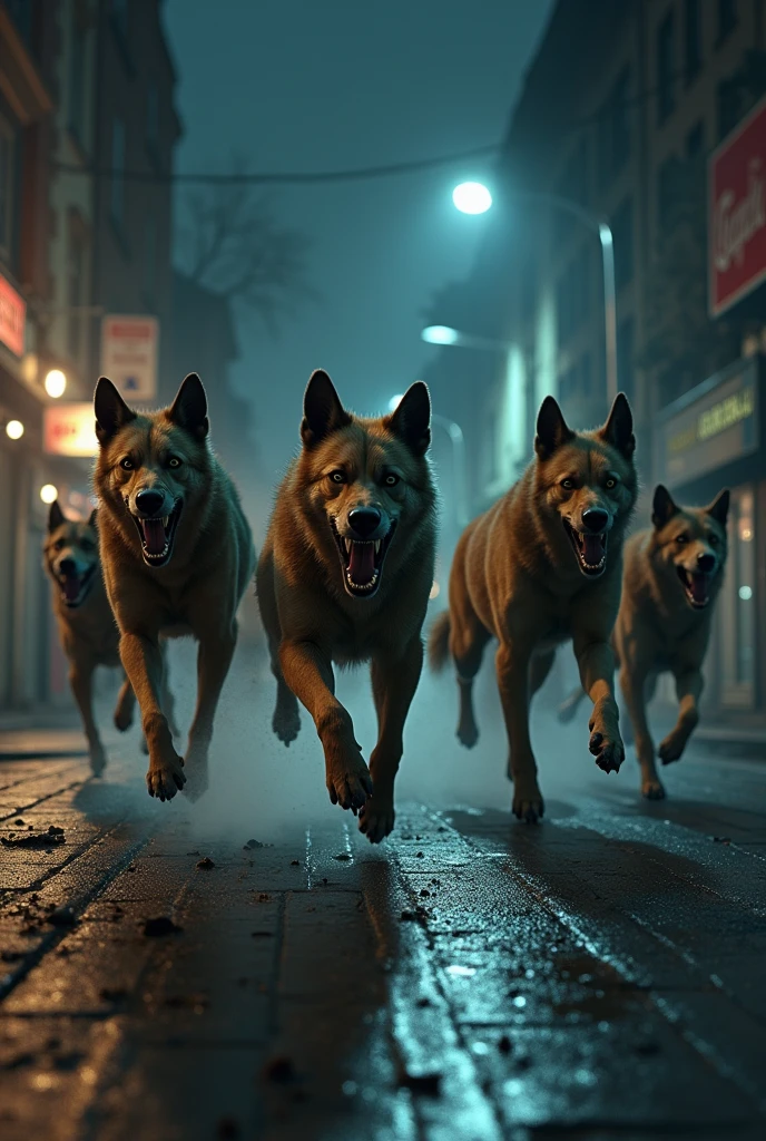 Street dogs attacking in pics on road by running at night - SeaArt AI