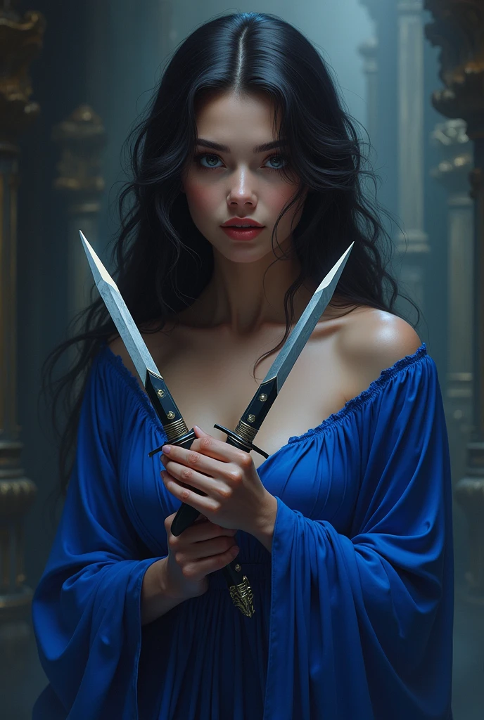 She wears sapphire clothes, is the prettiest in the world, and has 2 daggers as - SeaArt AI