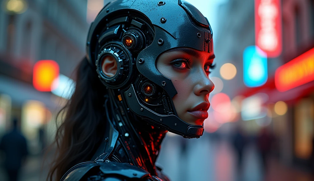 A beautiful detailed cyborg woman with one side of her face like a ...