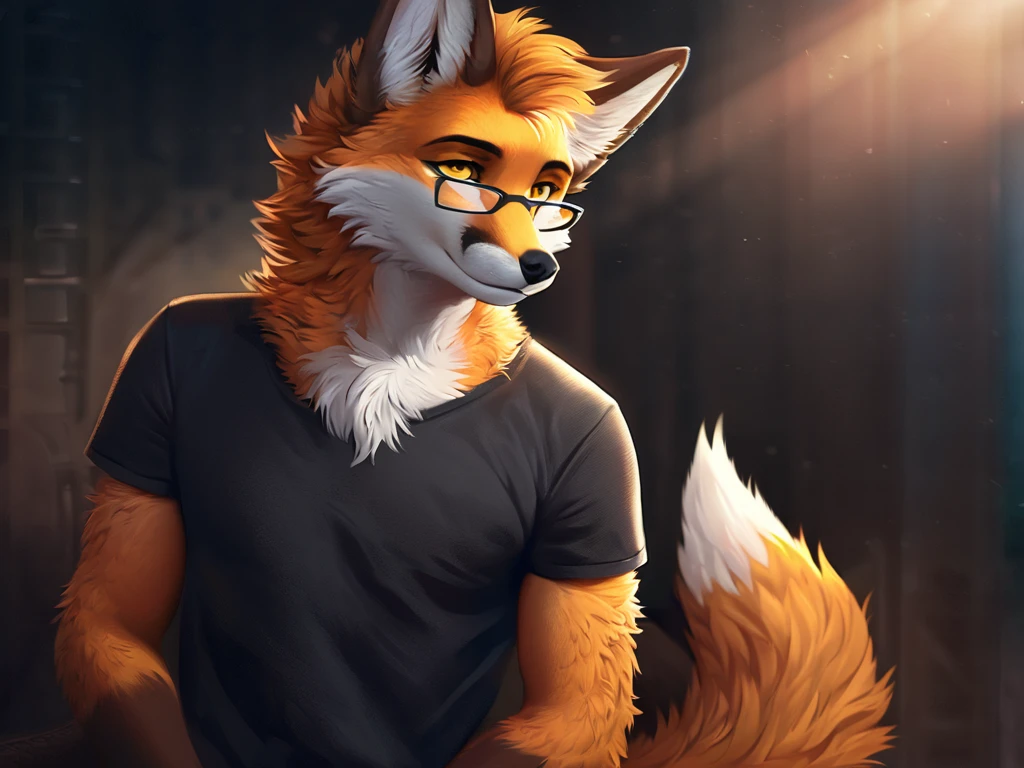 solo, anthro, male, (fox), ((intricate detail fluffy fur texture ...