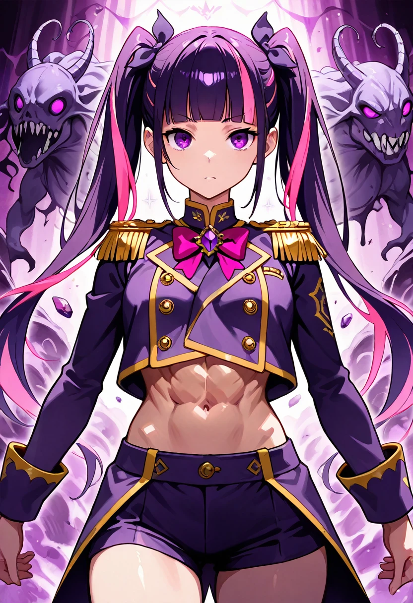 six pack abs）））, 1girl, ,1girl, , purple eyes,(twintails - SeaArt AI