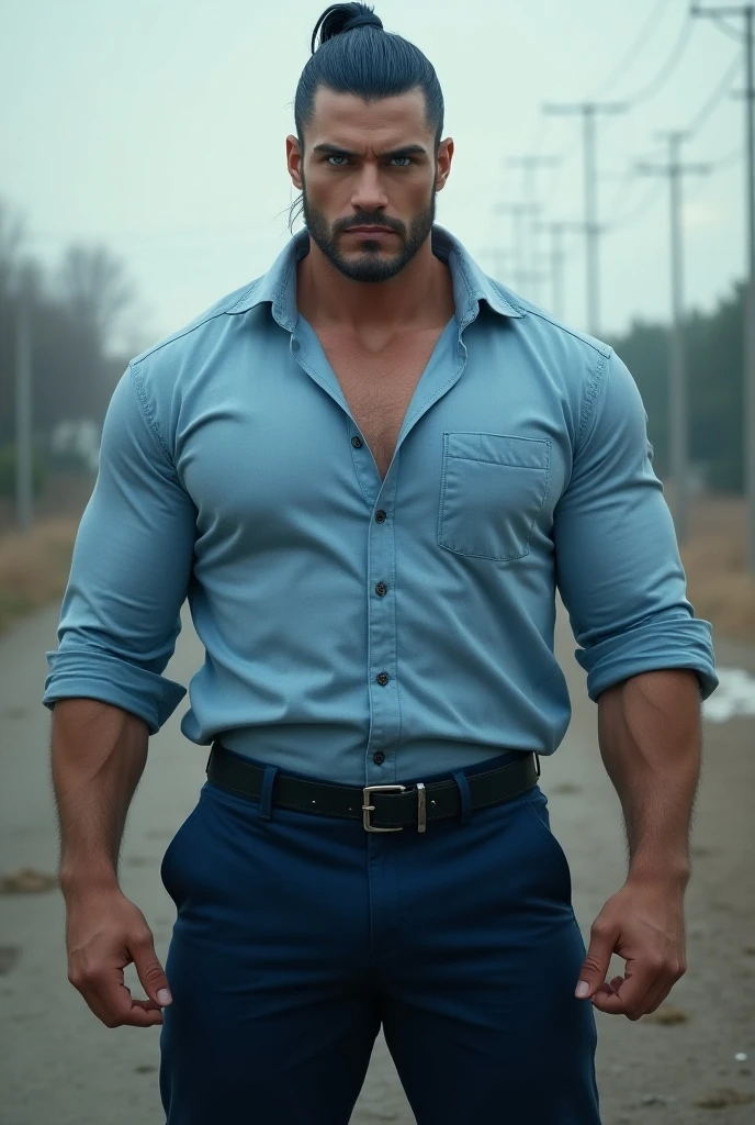 2-meter-tall man, strong, white pele, Weak dark blue ponytail hair ...