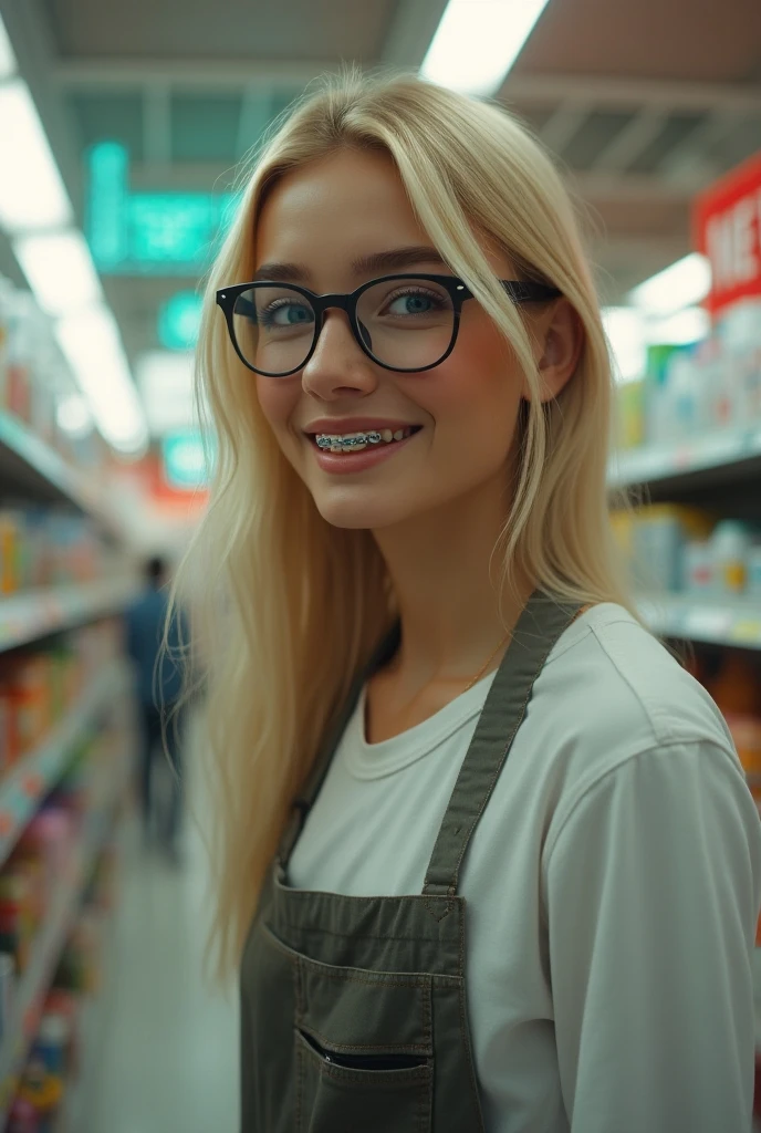 Slim 21 year old woman narrow face glasses braces on teeth straight ...