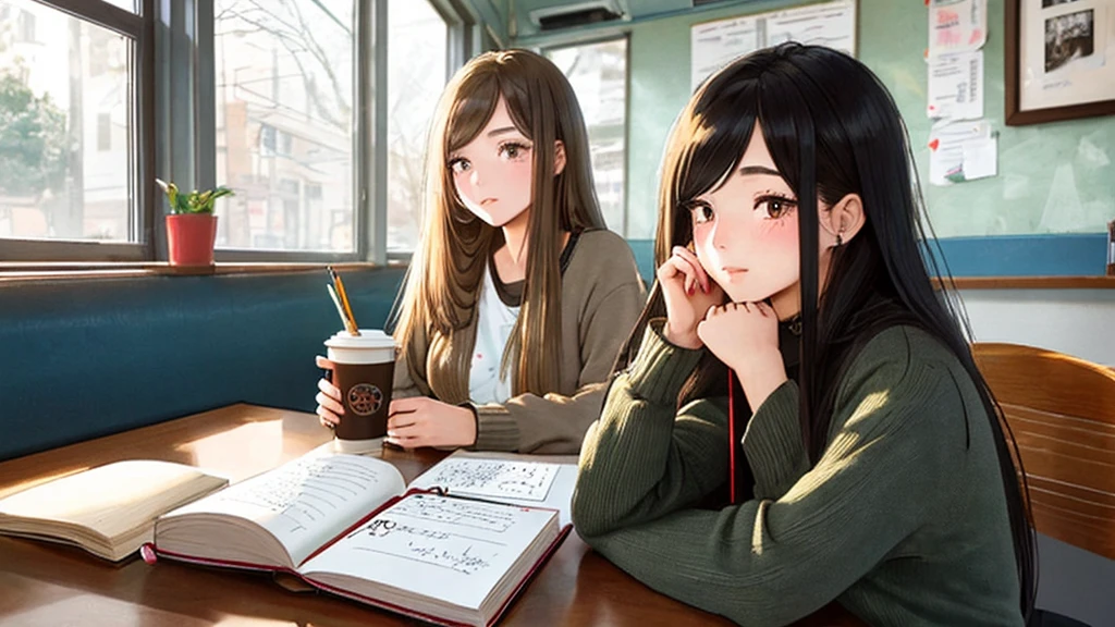 One beautiful 20-something woman with long hair, studying with her left ...