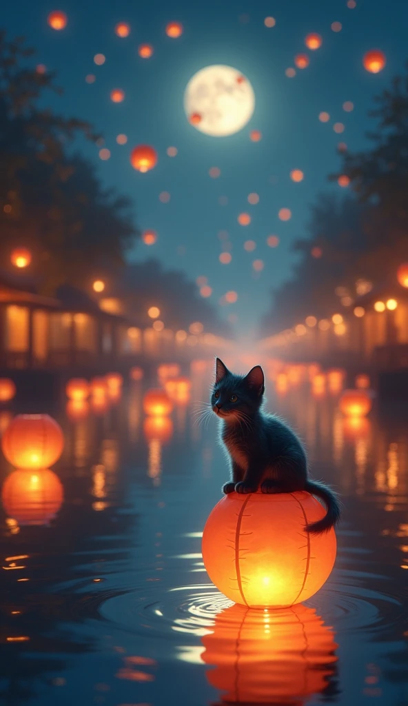 Floating lanterns in the night sky. small river, with shops along the ...