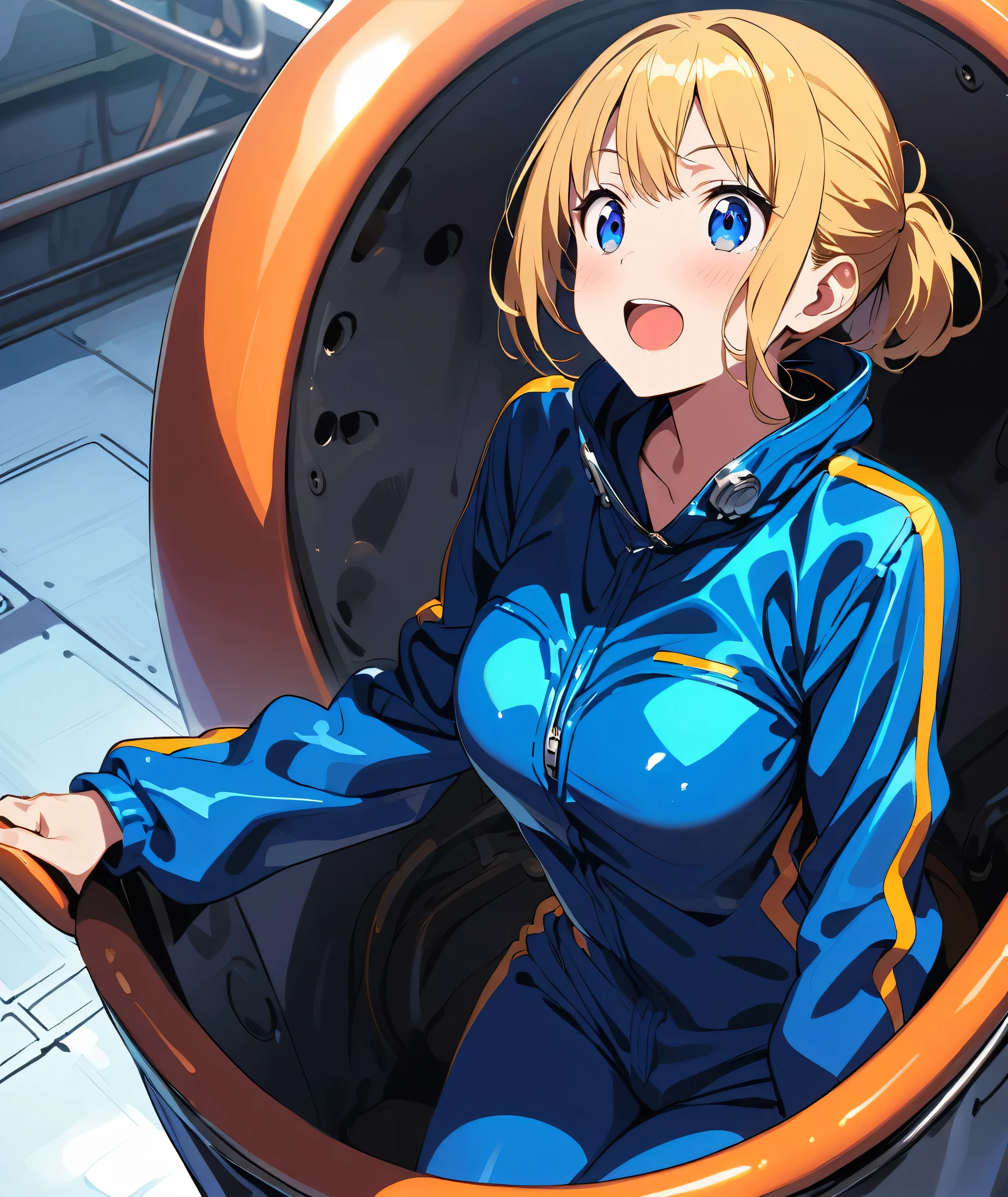 Anime girl in a shiny blue enamel boiler suit - SeaArt AI