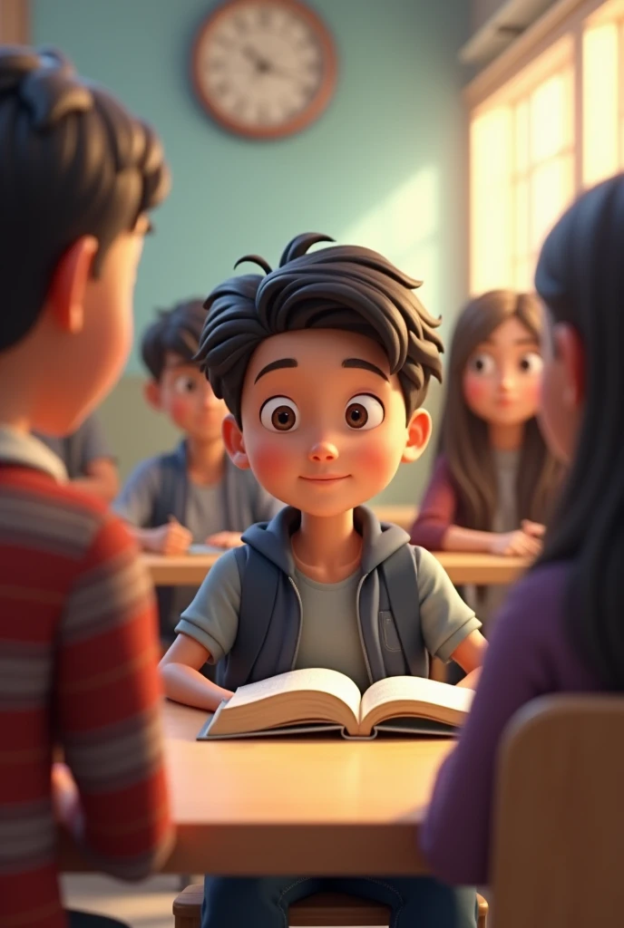 In cinematic 3d cartoon style "The First Glance**: A high school ...