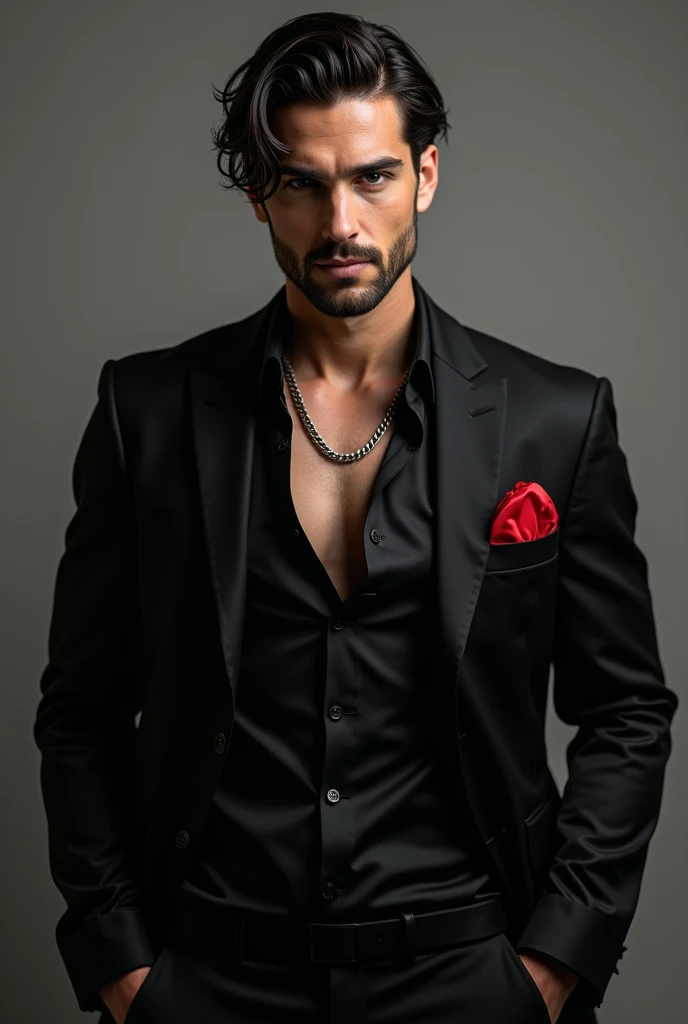 A man wearing all black suit, black shirt with one button open - SeaArt AI
