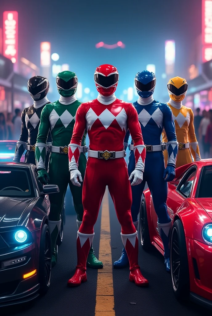 Make an image of 5 male Power Rangers being the blue,green, red - SeaArt AI
