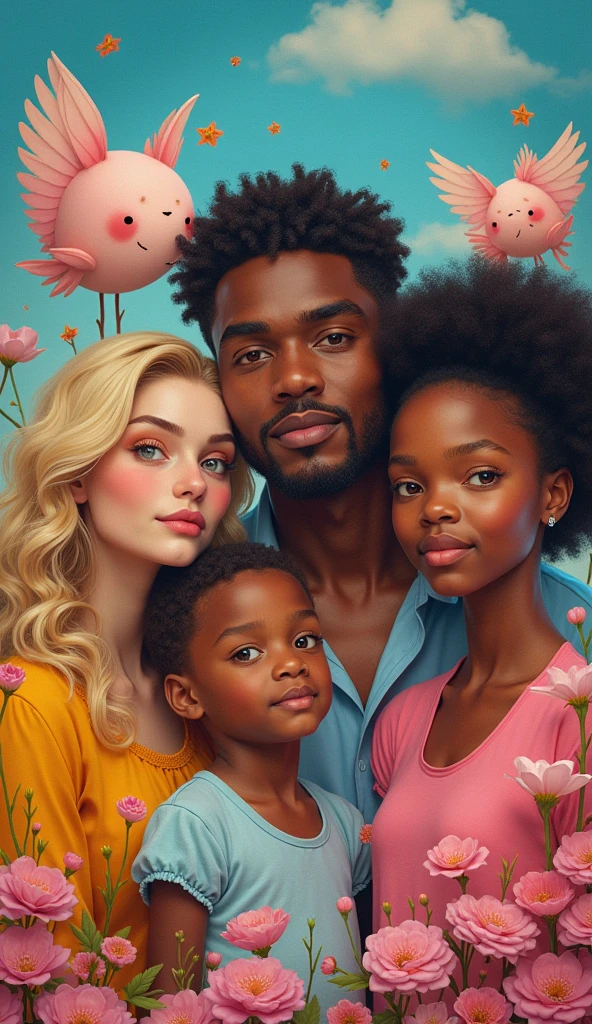 Detailed pop art portrait, 4 different people,family dreamy, different ...