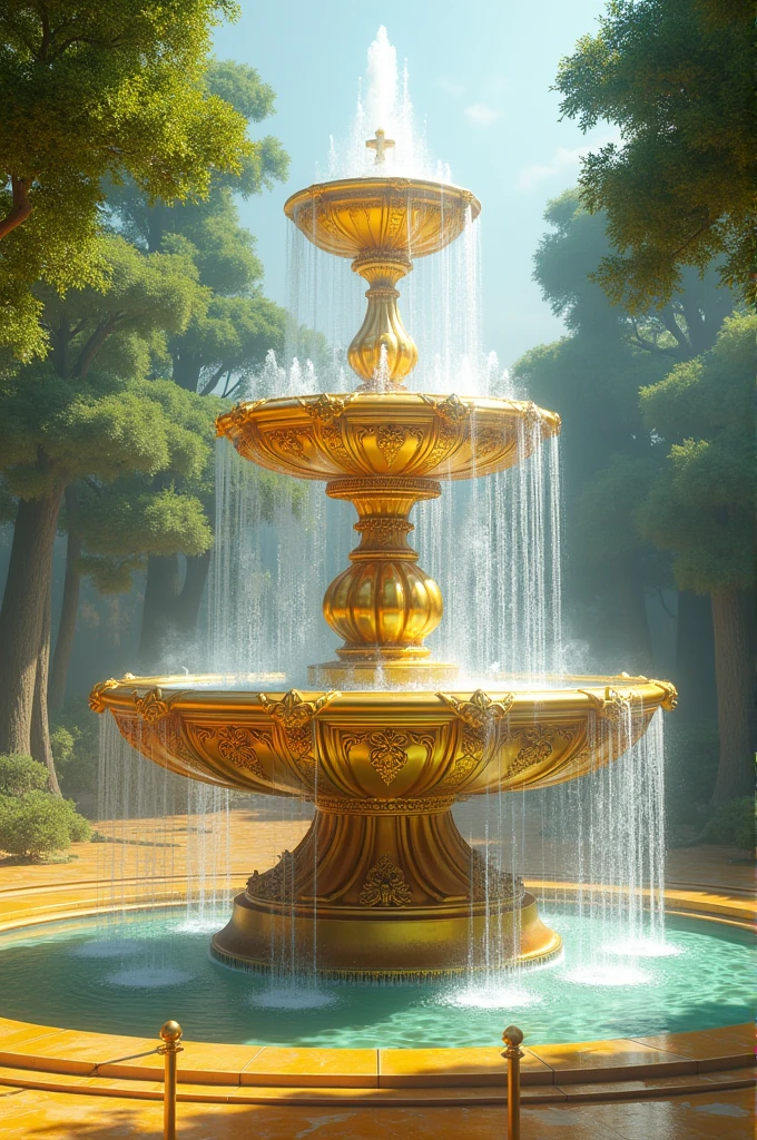 Golden Fountain of life with crystal clear water gashing out with ...