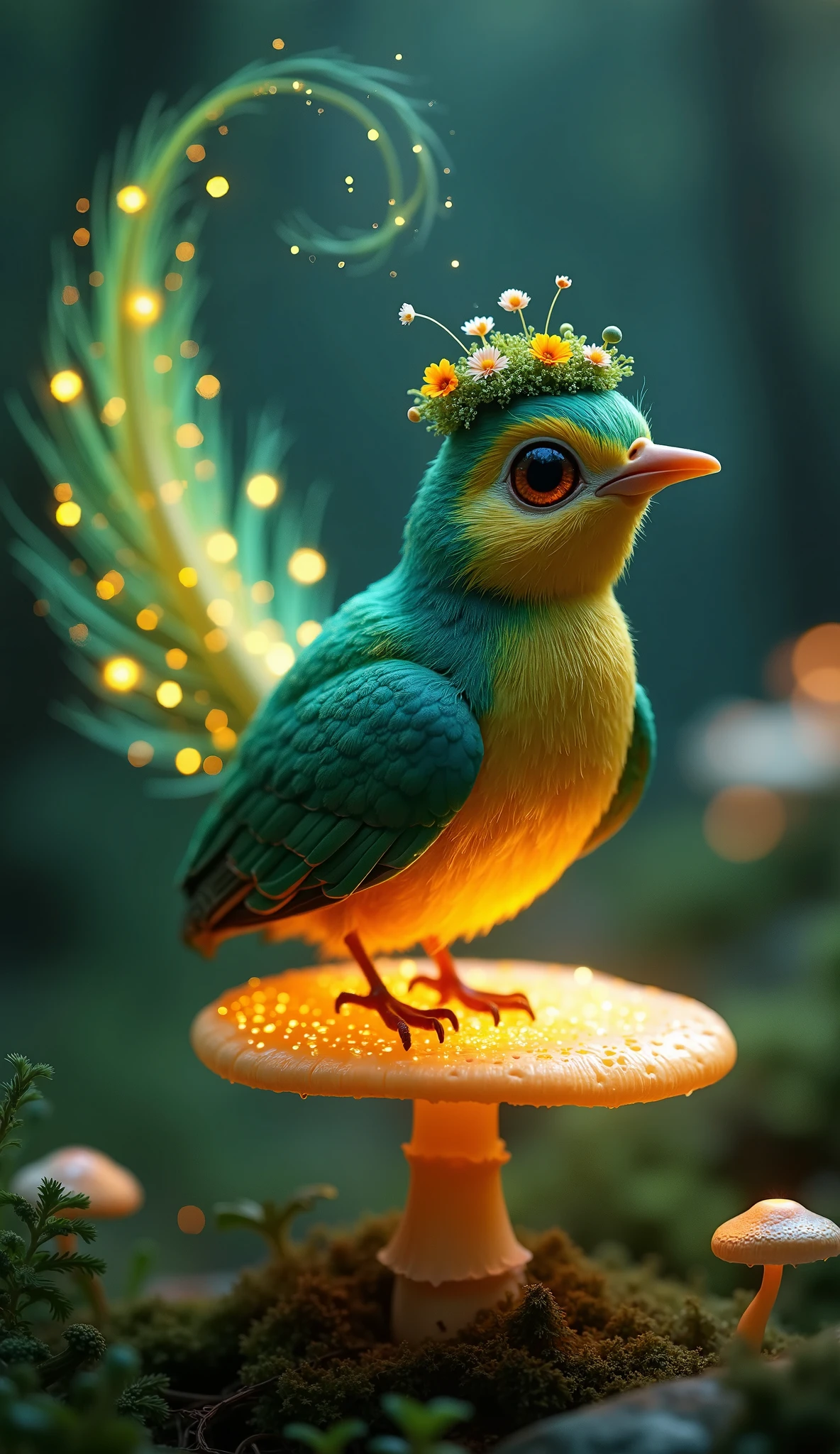 "A solitary, mystical bird with emerald and gold feathers, perched on a ...