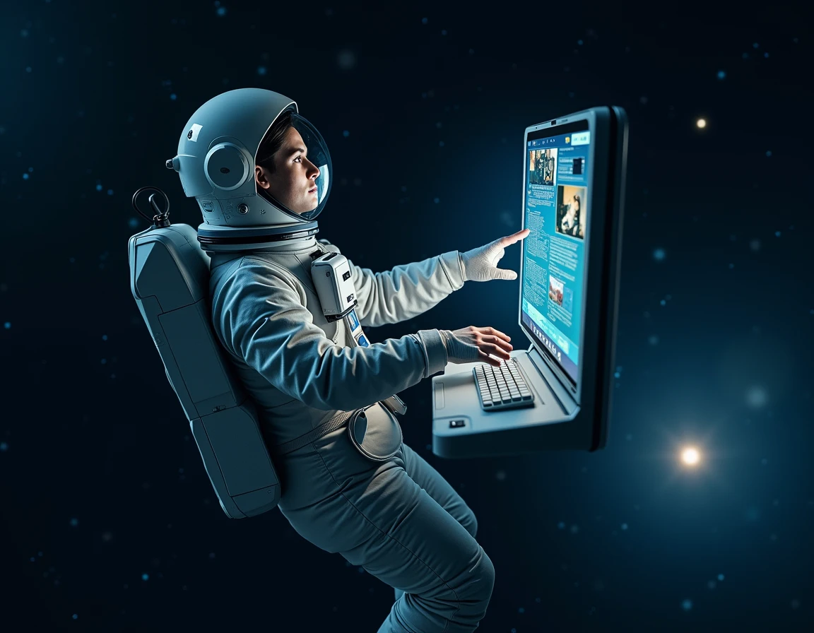 An astronaut in space, using your computer while floating in zero ...