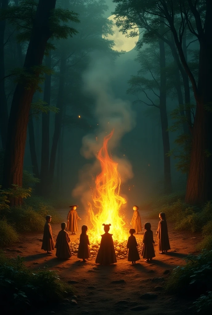 A realistic picture of a bonfire in a forest full of magic and spells ...