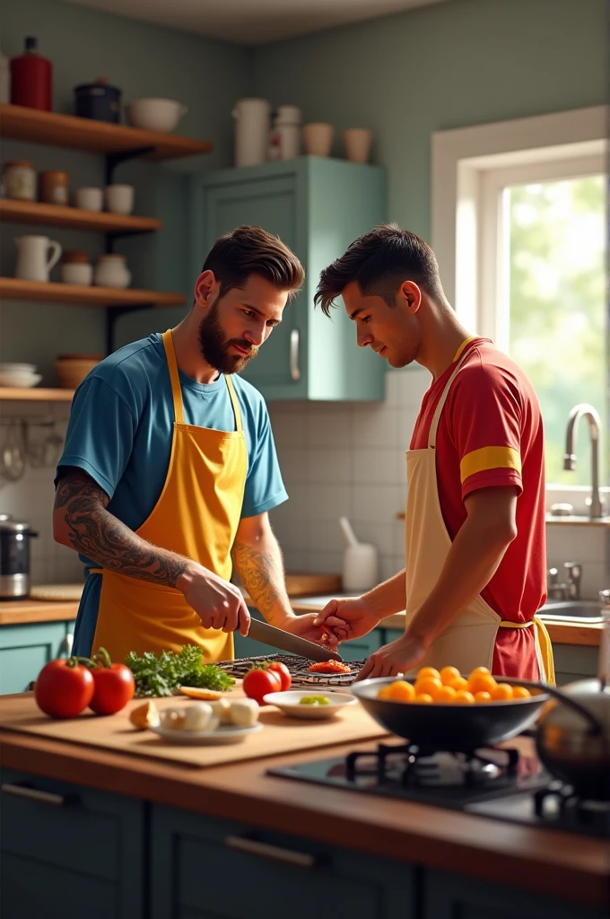Messi cooks food and Cristiano helps Messi in the kitchen - SeaArt AI