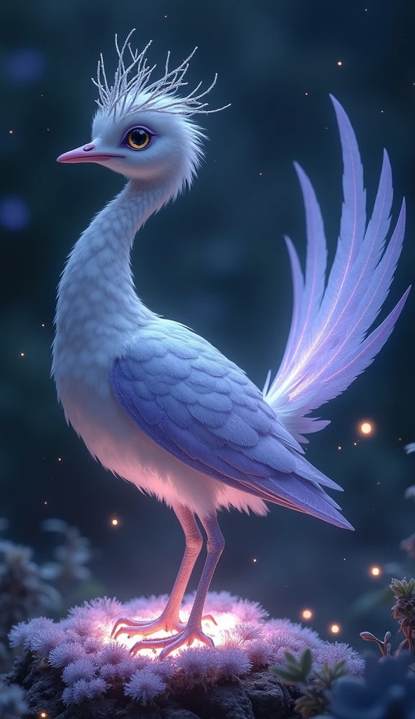 "A graceful bird with iridescent silver and violet feathers, standing ...