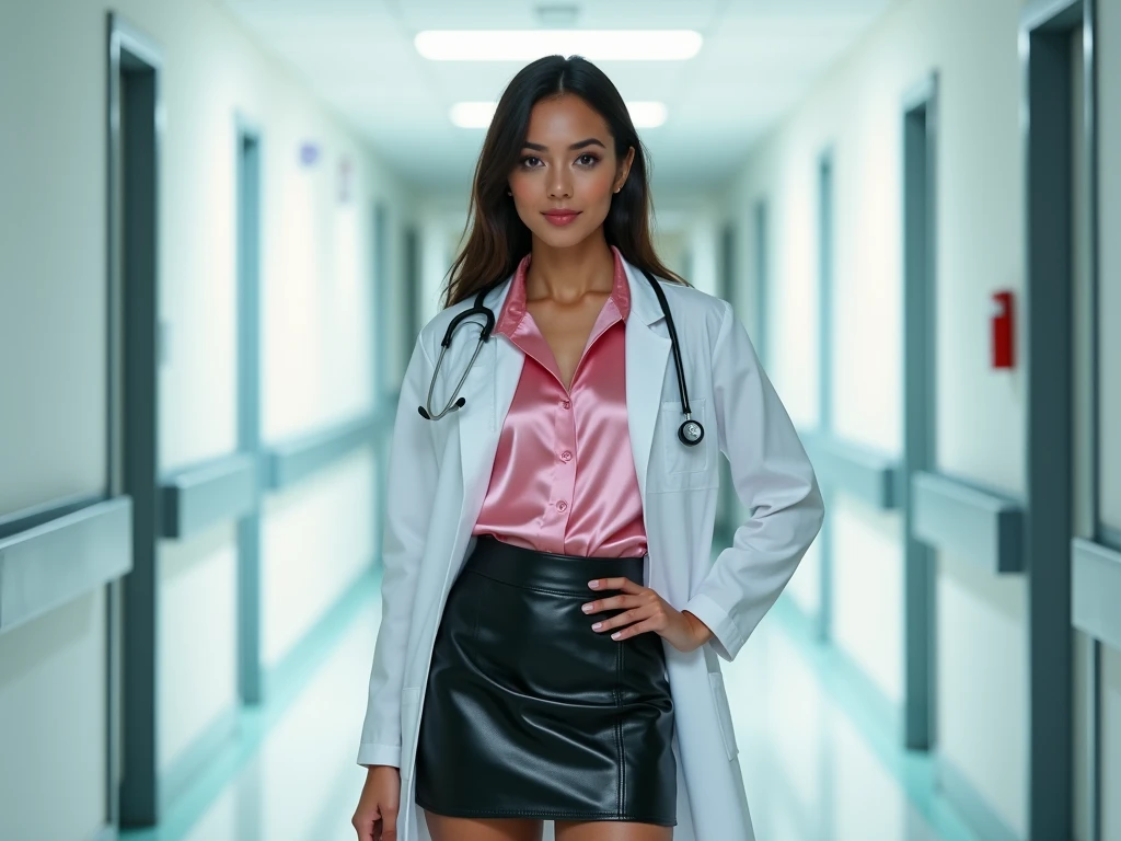 Young woman, doctor or medical professional, standing in a hospital ...