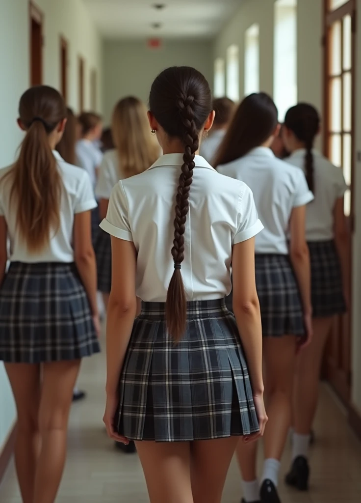 Back view, viewing angle from below, crowded corridor crowded with a ...