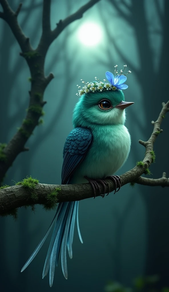 A small, magical bird with iridescent plumage in shades of emerald ...