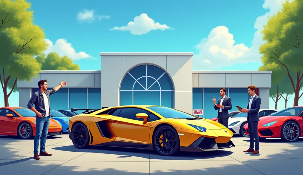 "A vibrant car dealership scene with a large, modern building in the ...