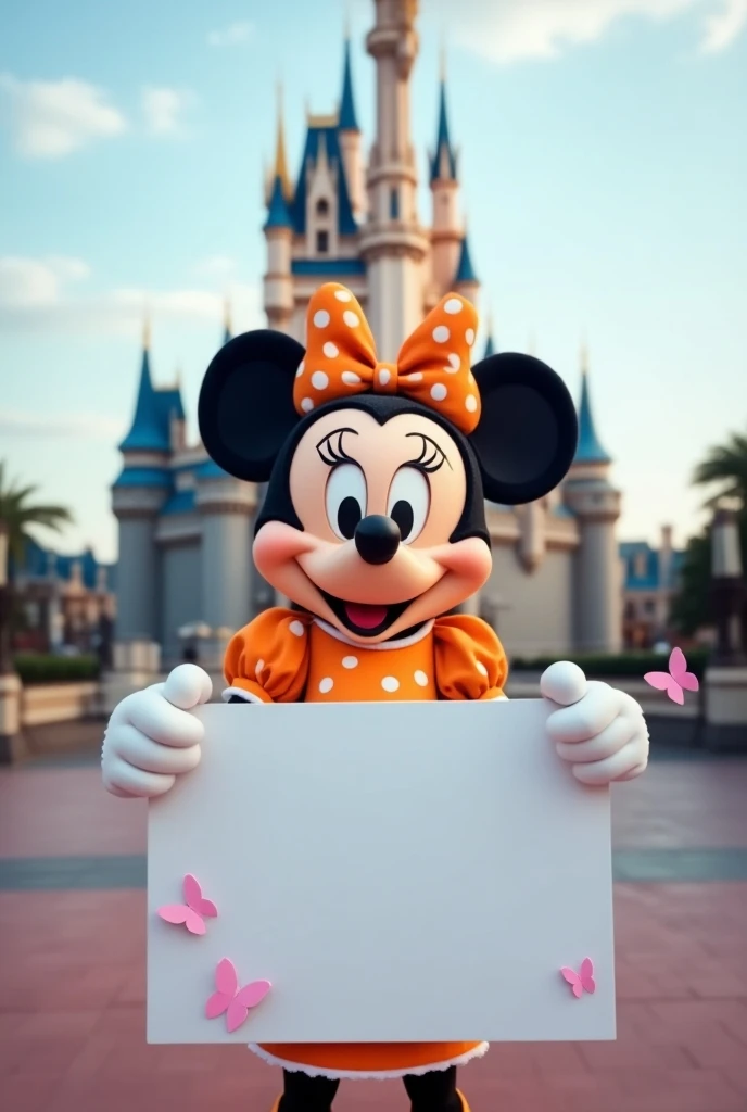 Minnie in orange clothes up close in front of the Disney castle holding ...