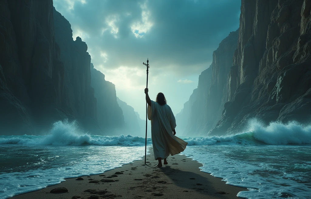 A miraculous scene as Moses stands before the parted Red Sea - SeaArt AI