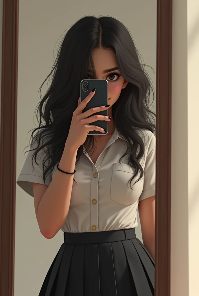 Create an image of a girl who is taking photo in front of a mirror ...