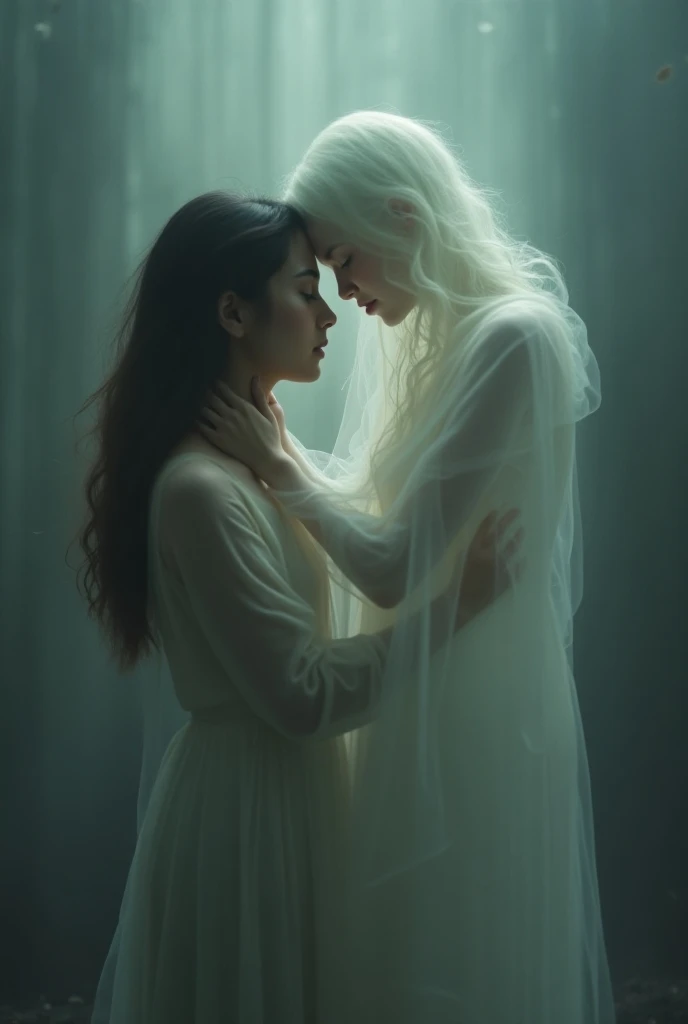 An image with a woman and in the background a ghost who comforts her ...