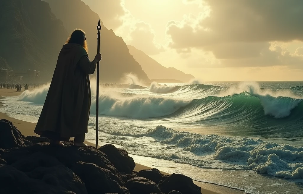The Israelites stand on the opposite shore, watching in awe as the ...