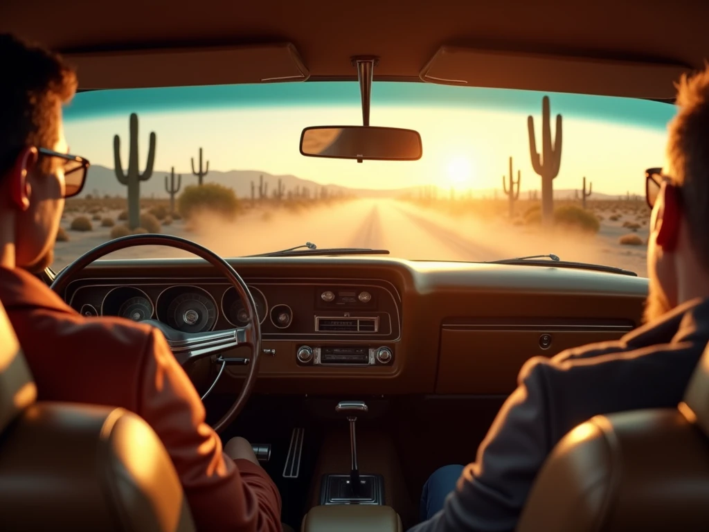 A scene from the perspective of a driver in a classic 1960s muscle car ...