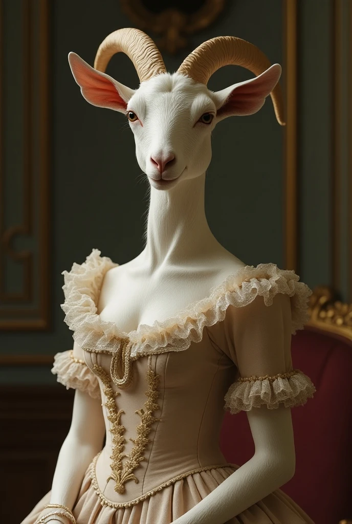 A goat with human characteristics of a woman dressed like the ...