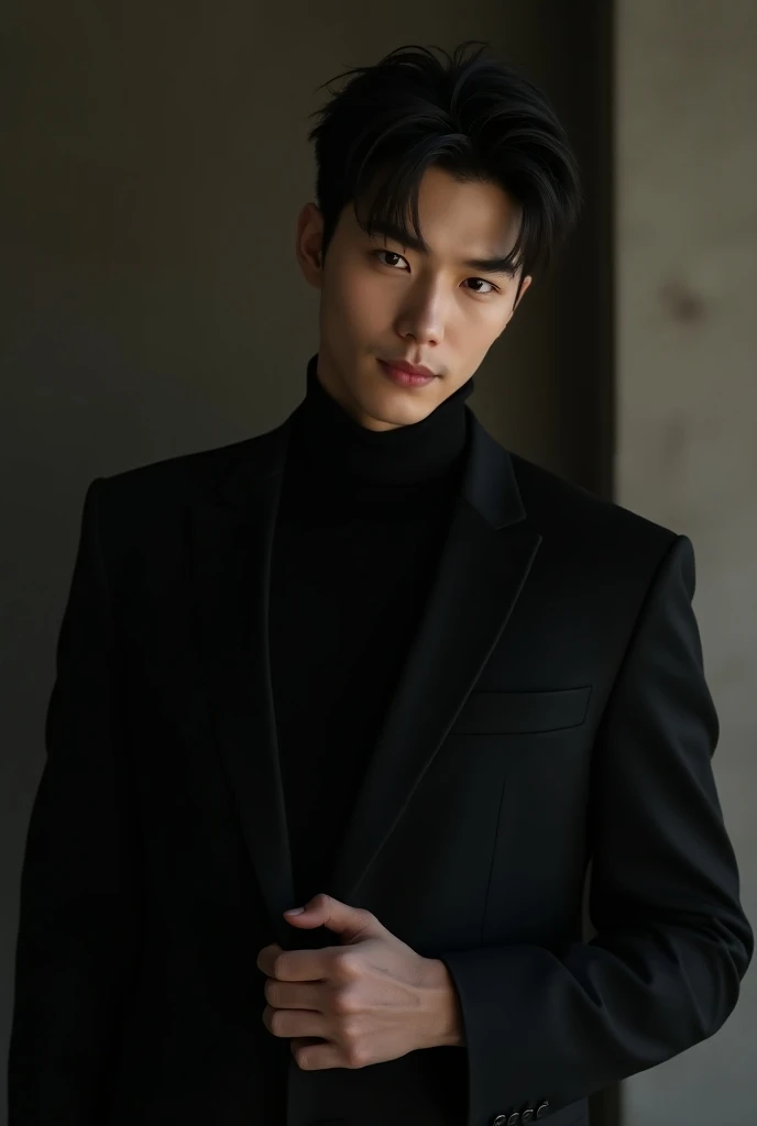An boy with black suit and mafia look with black turtle neck full image ...
