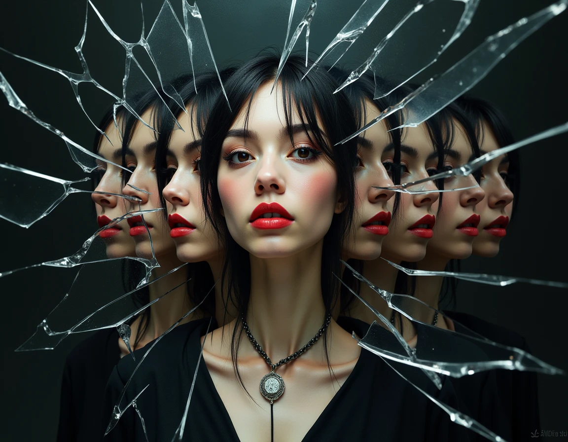 Un miroir brisé reflétant plusieurs visages avec différents styles de ...